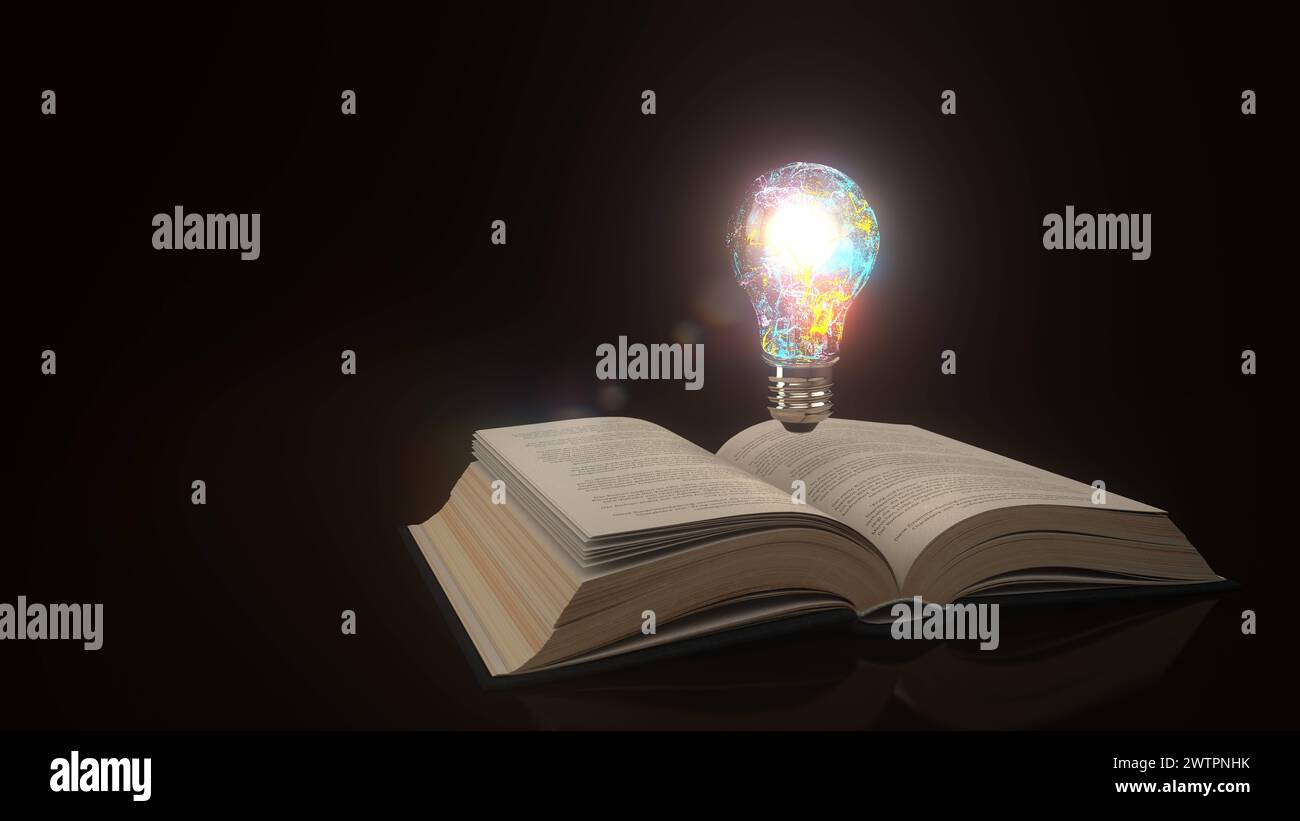 Open Book Glowing Light Bulb - 3D illustration Open book with a glowing light bulb. 3d ...