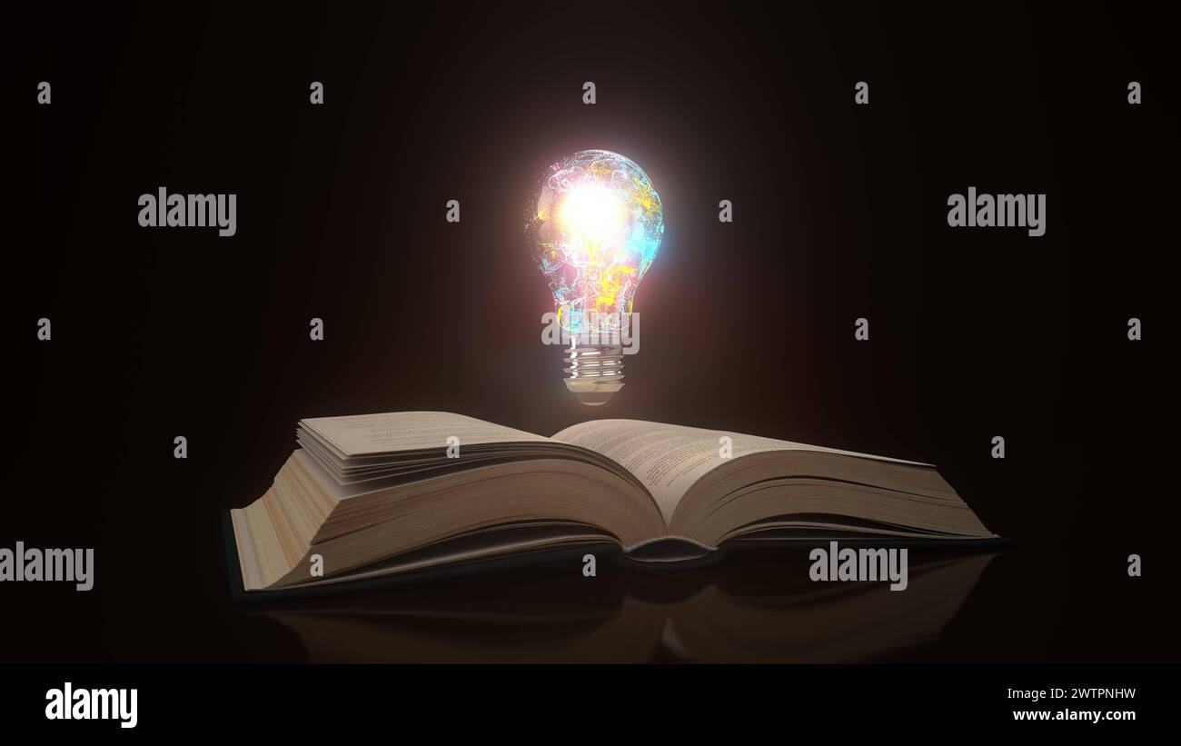 Open Book Glowing Light Bulb - 3D illustration Open book with a glowing light bulb. 3d ...