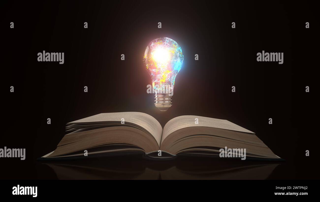 Open Book Glowing Light Bulb - 3D illustration Open book with a glowing light bulb. 3d ...