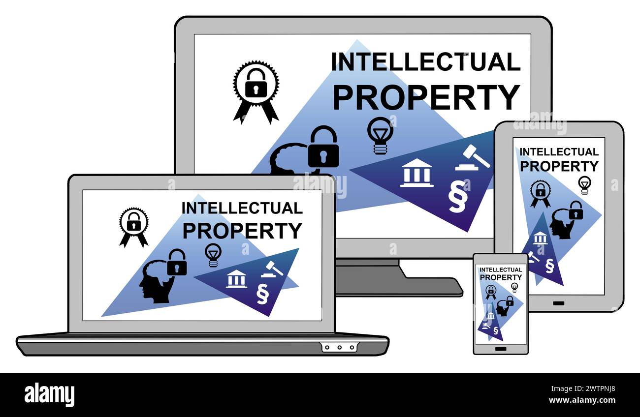 Intellectual property concept on different devices, isolated on white ...