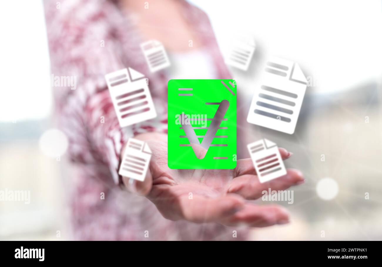 Document validation concept above the hand of a woman in background ...