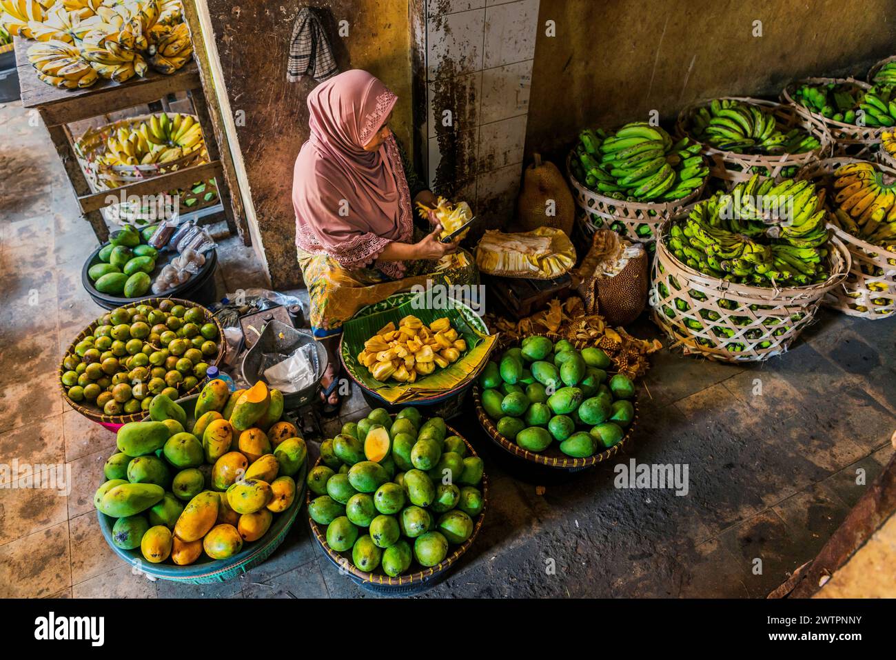 Traditional authentic food market, vendor, woman, fruit, vegetable ...