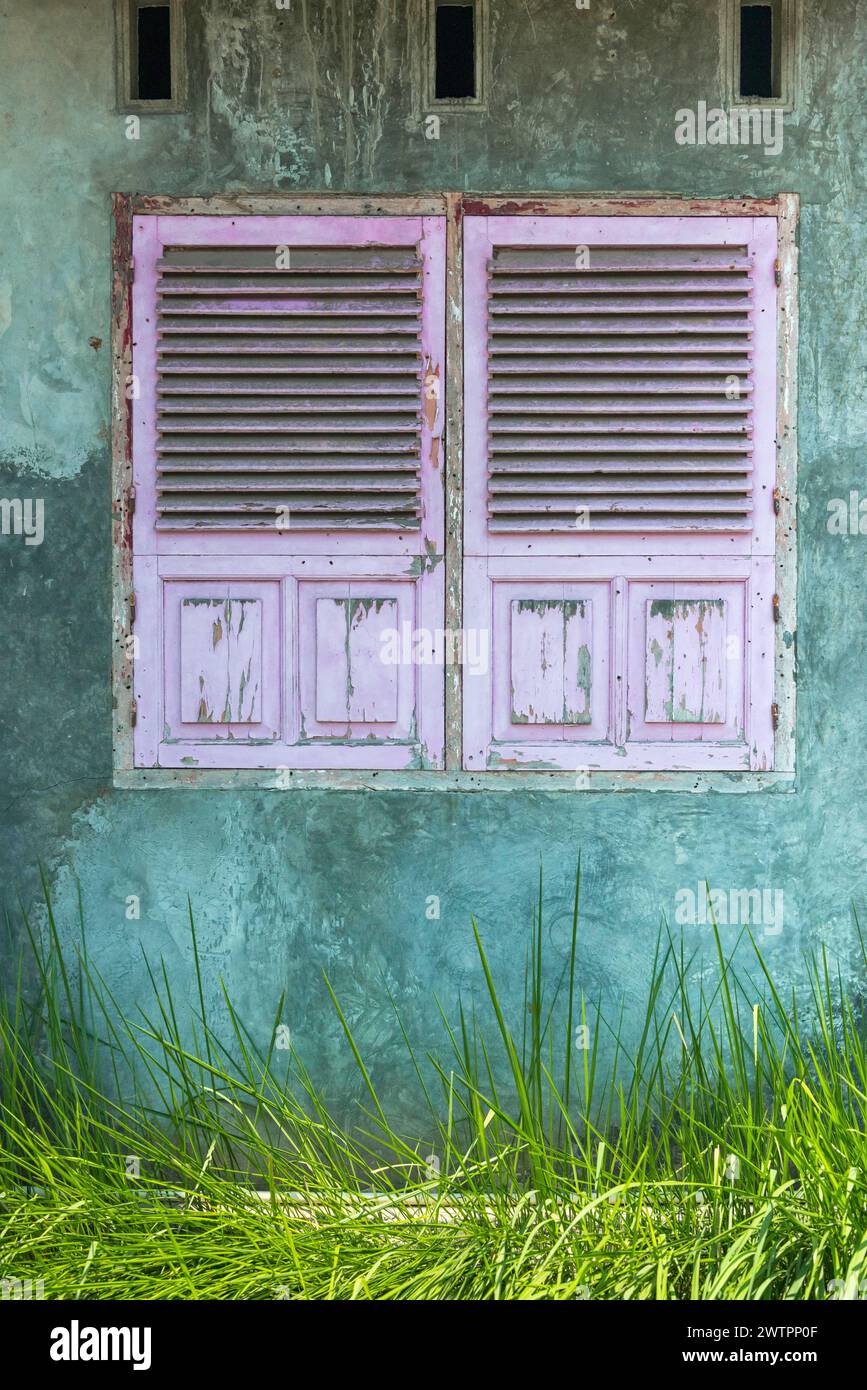 Dilapidated wall with shutter as texture, window, closed, flaked ...