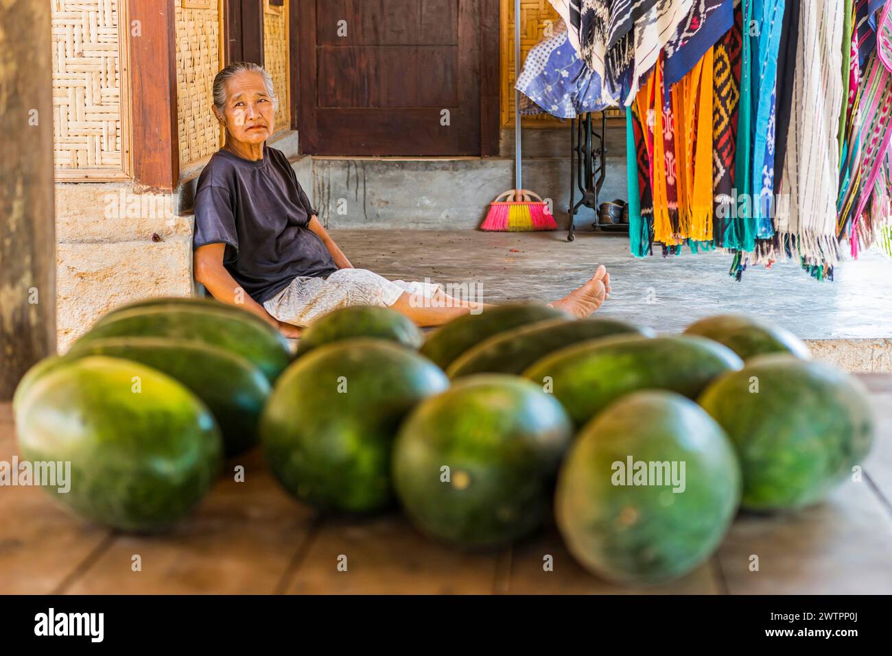 Old woman offering melons for sale, age, human, work, village, offer ...
