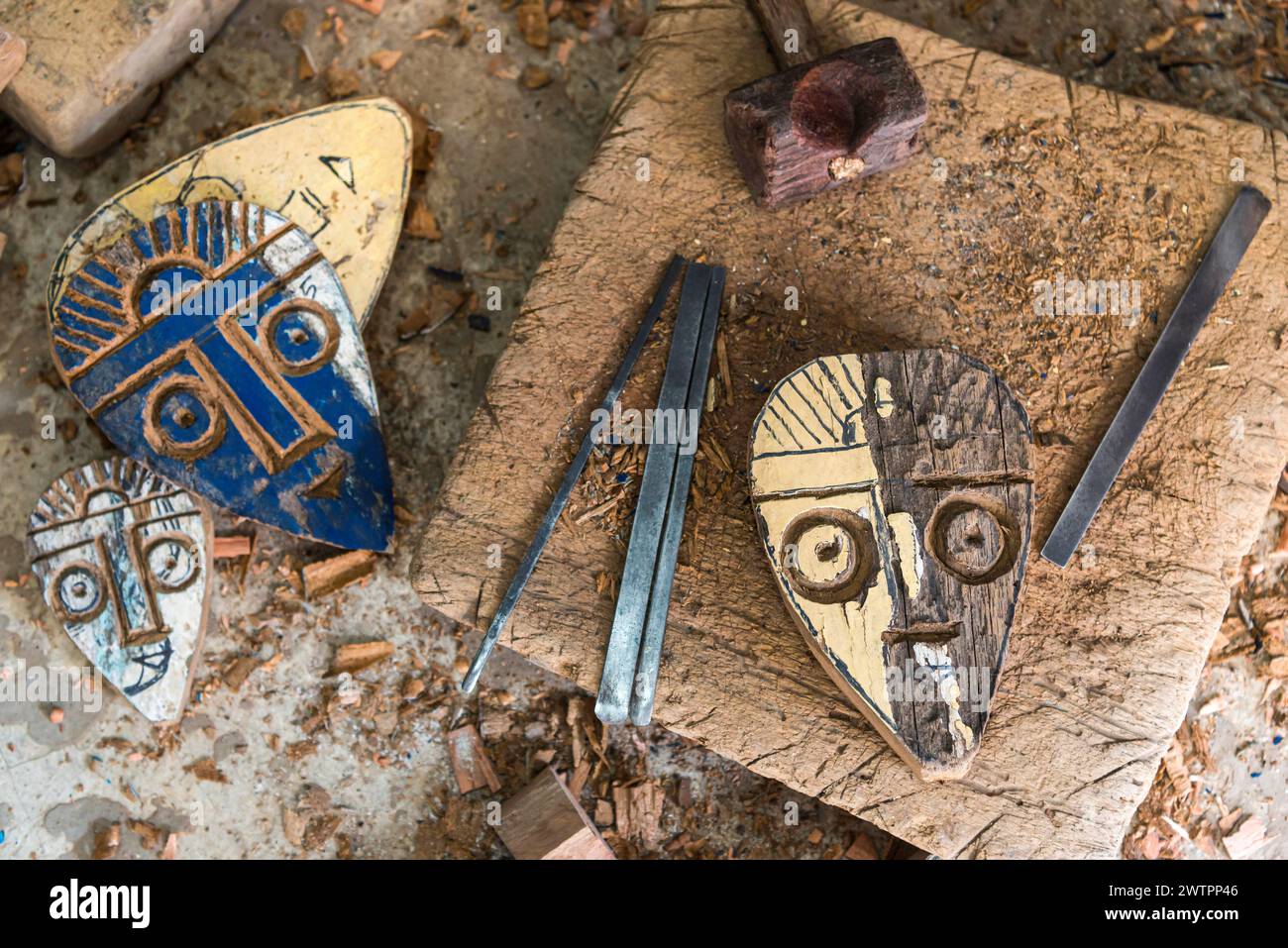 Wooden masks in a workshop, carving, carving, art, artist, sculpture ...