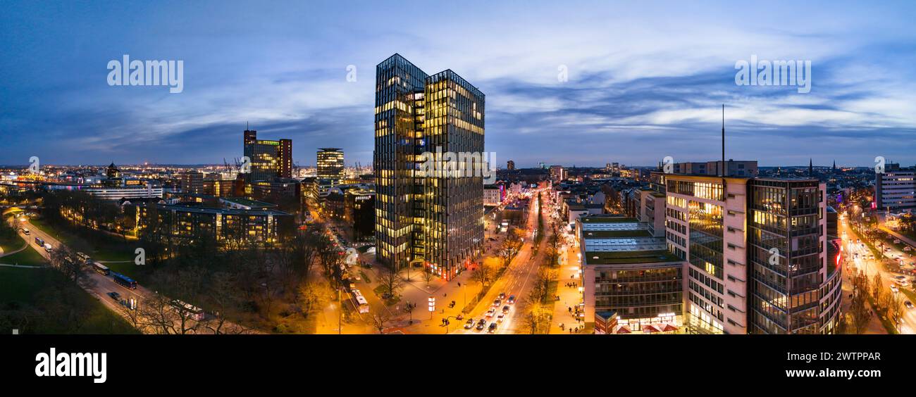 Panorama aerial view Dancing Towers at blue hour with Reeperbahn, St ...