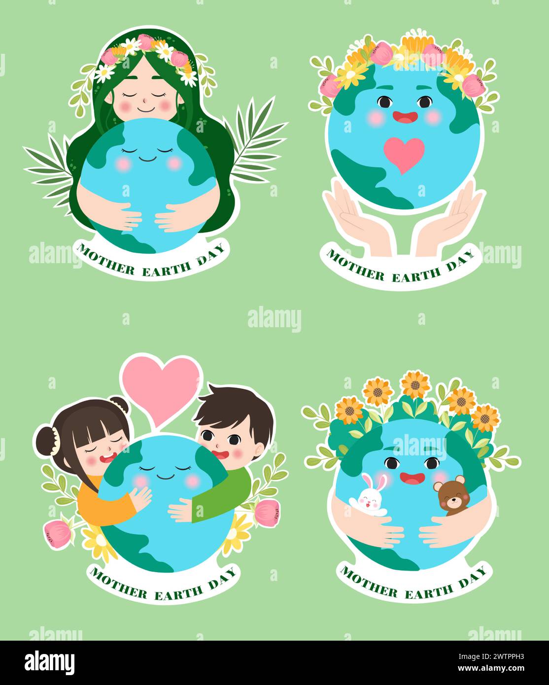 earth day cartoon sticker set. Environmental protection. Save green ...