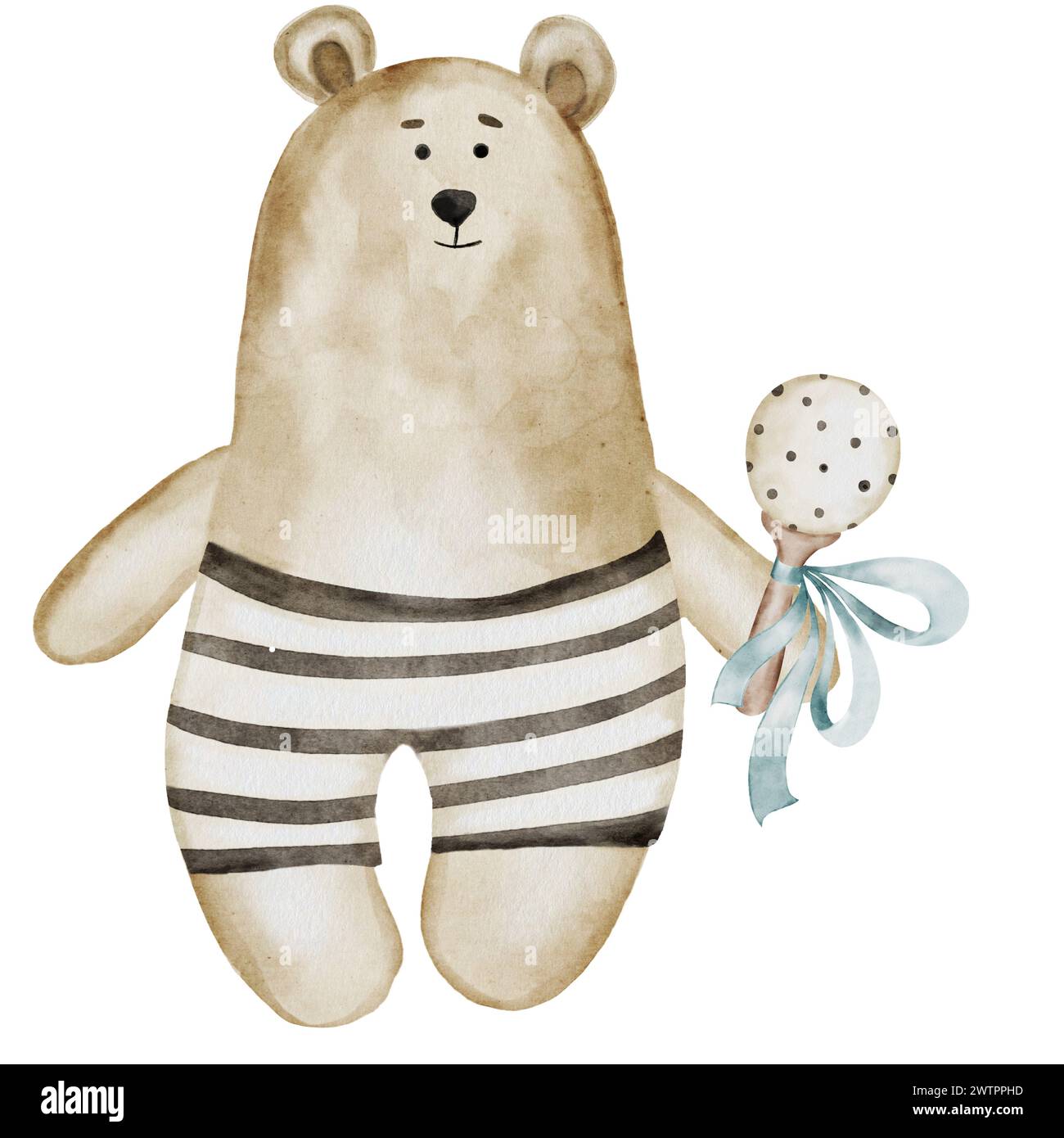 Baby toy. Watercolor illustration of a teddy bear with a rattle. Hand ...