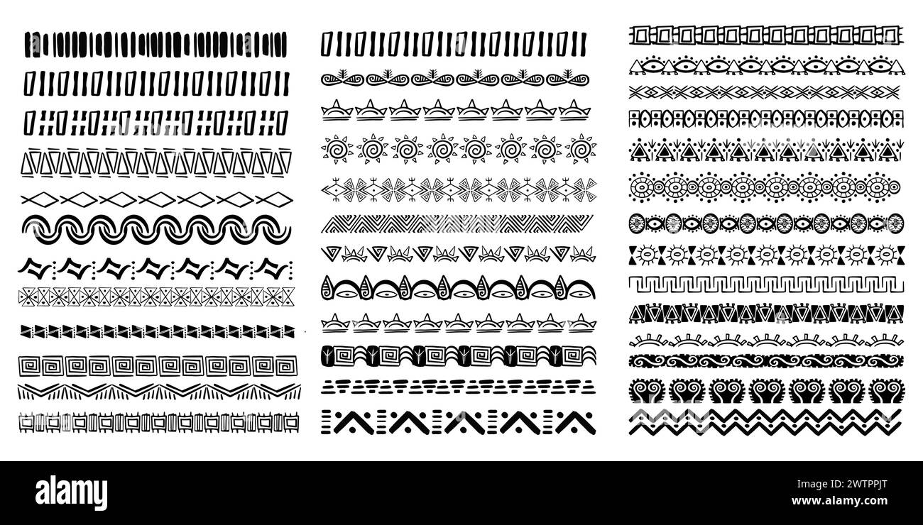 Set aztec tribal motive border in doodle hand drawn style from ...