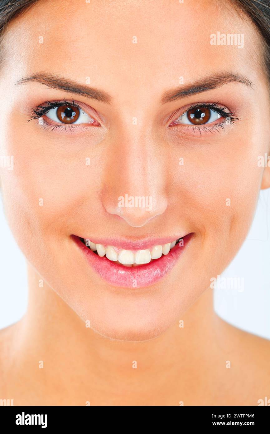 Face, woman and natural beauty with smile for skincare, wellness and ...