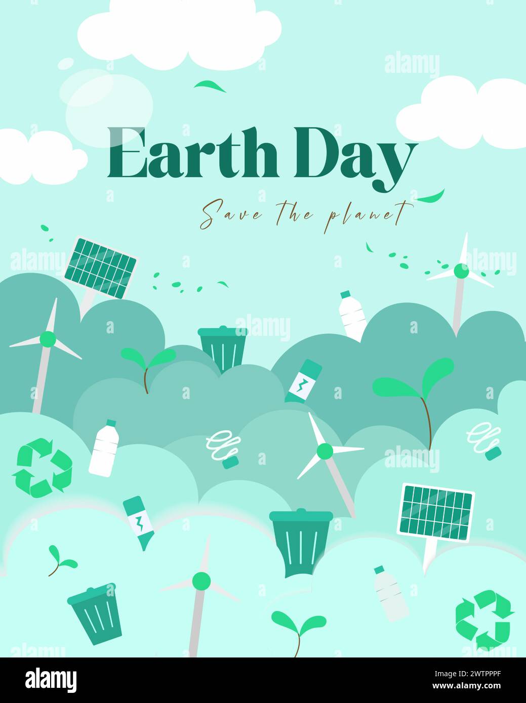 Earth Day banner, background with clouds and ecology icons in paper cut ...