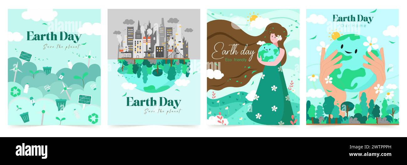 Earth day illustration set, Environmental problems and environmental ...