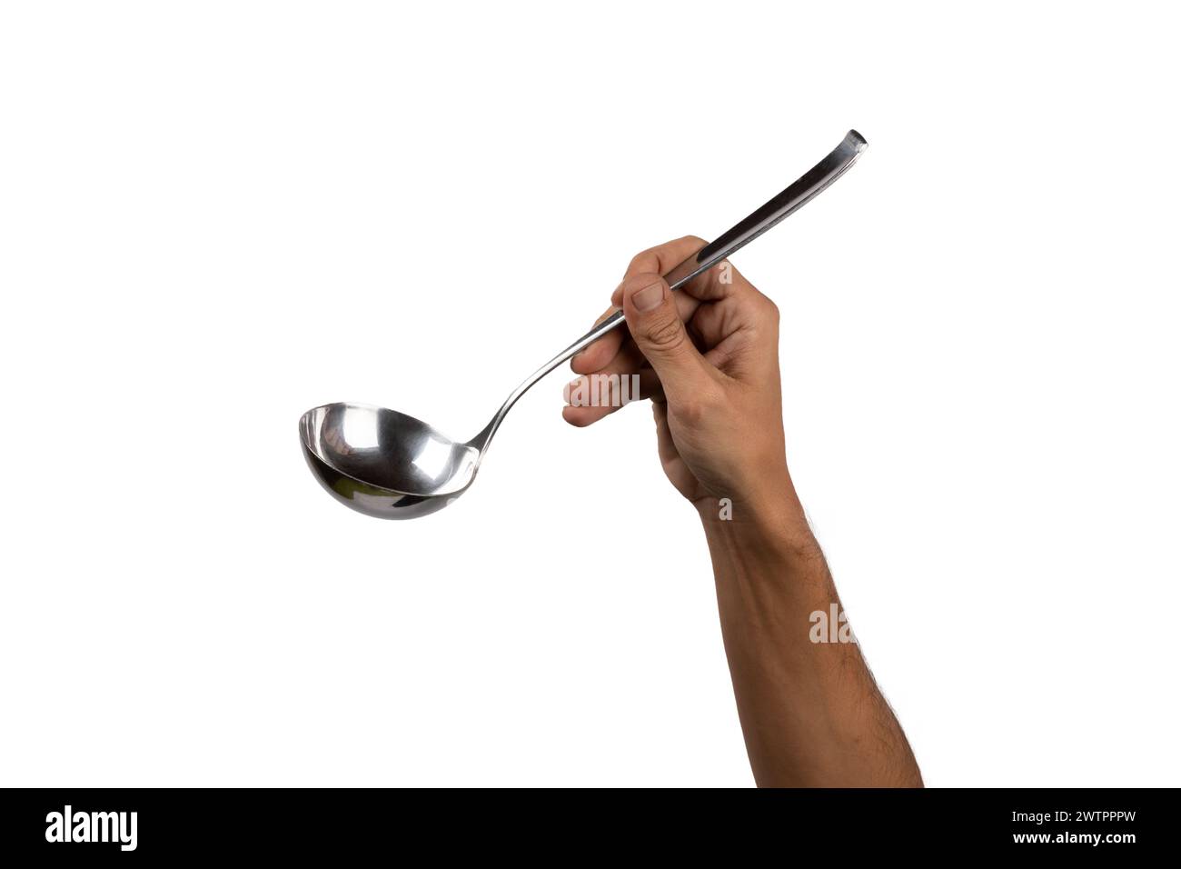 Black male hand holding a silver kitchen ladle isolated white ...