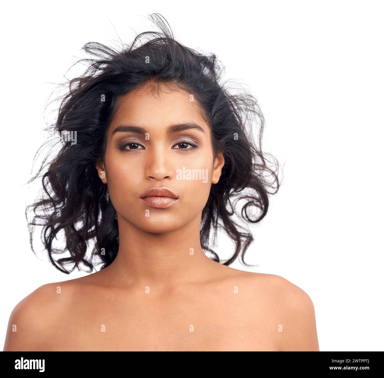 Beauty, studio and portrait of indian woman with makeup with hair care ...