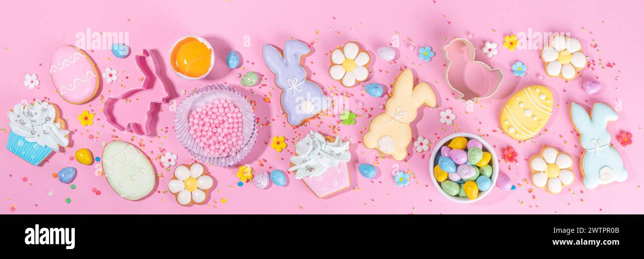 Cute pink sweet baking flat lay for Easter holiday. Cooking background ...