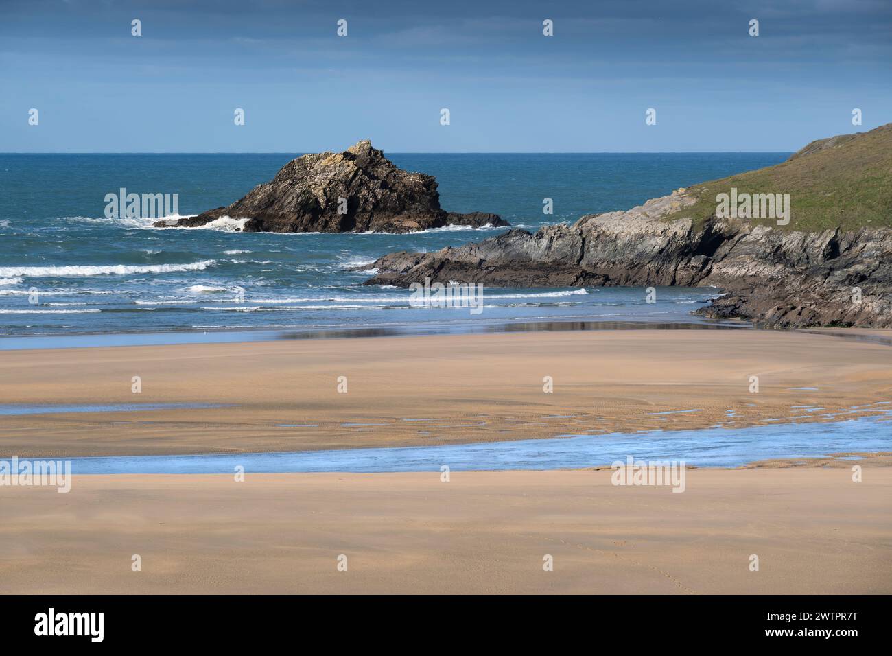 Crantock Beach and The Goose island off Pentire Point East on the coast ...