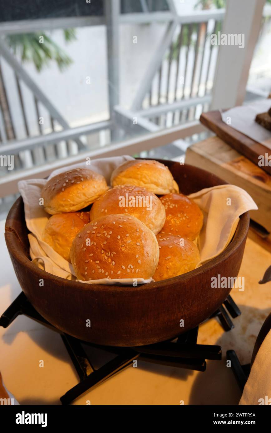 Fresh bread on display in a grocery store. Fresh whole grain bread in ...