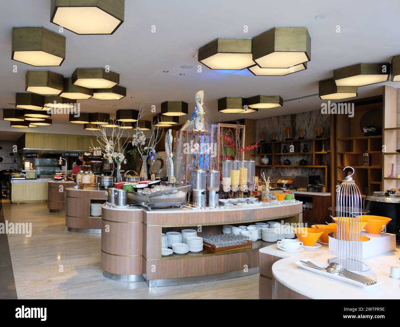 Interior of a modern urban restaurant in the morning sunlight. Luxury ...