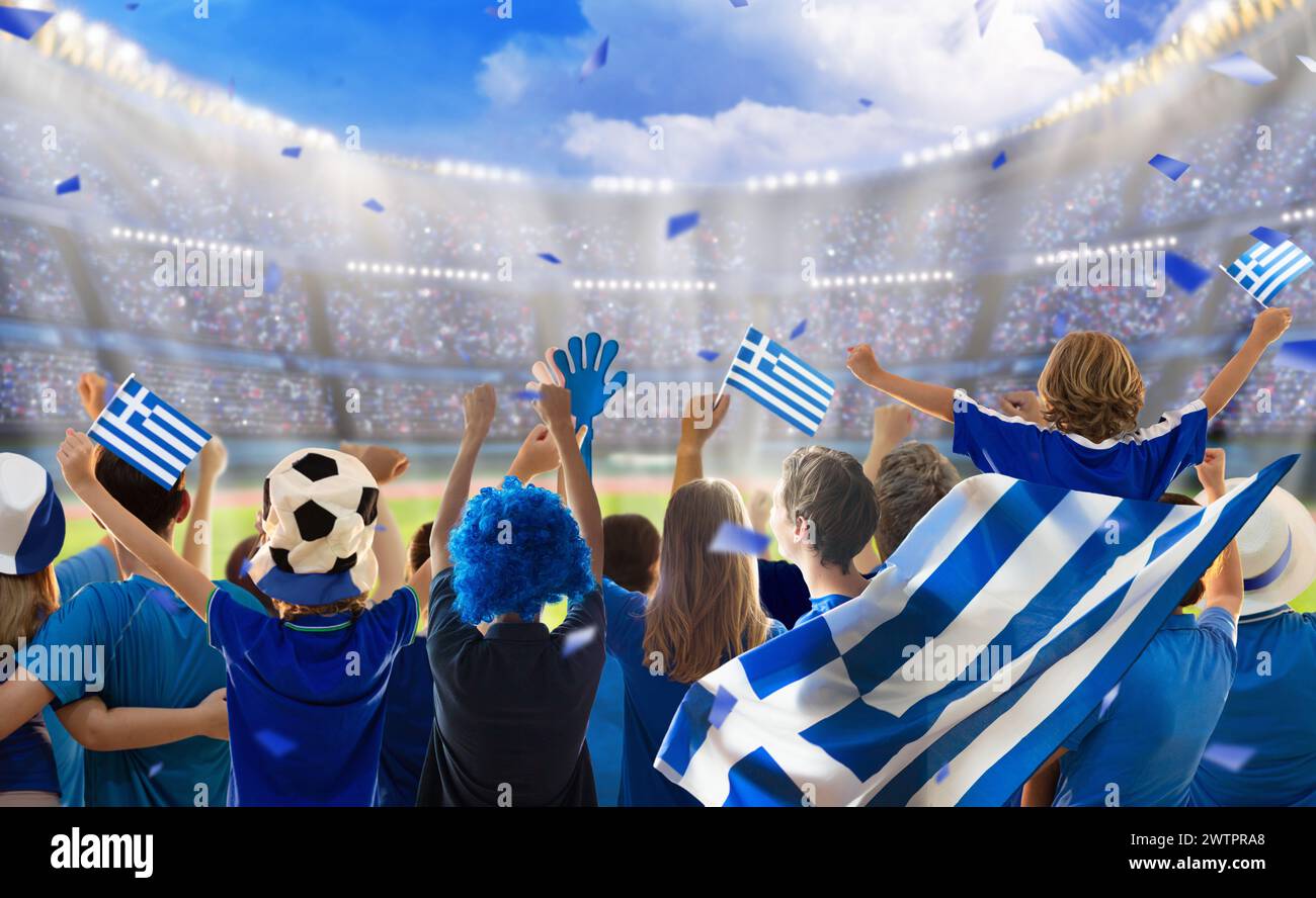 Greece football supporter on stadium. Greek fans on soccer pitch ...