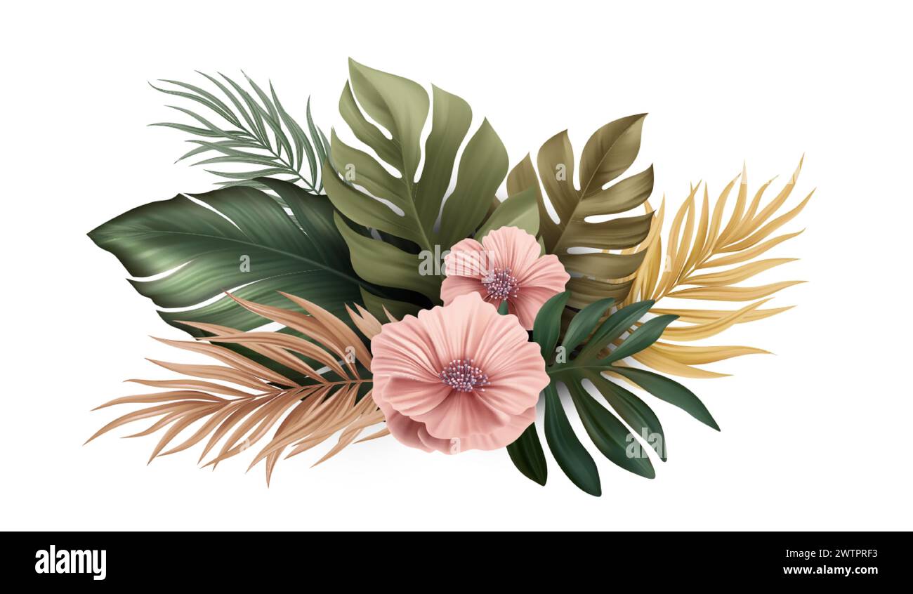 Modern Green and Gold Palm Leaves and Flowers on transparent background ...