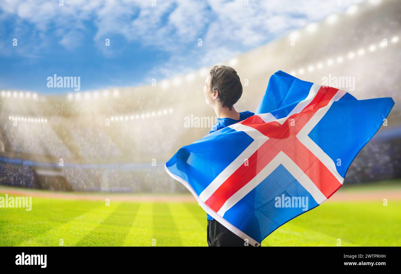 Iceland football supporter on stadium. Icelandic fans on soccer pitch ...