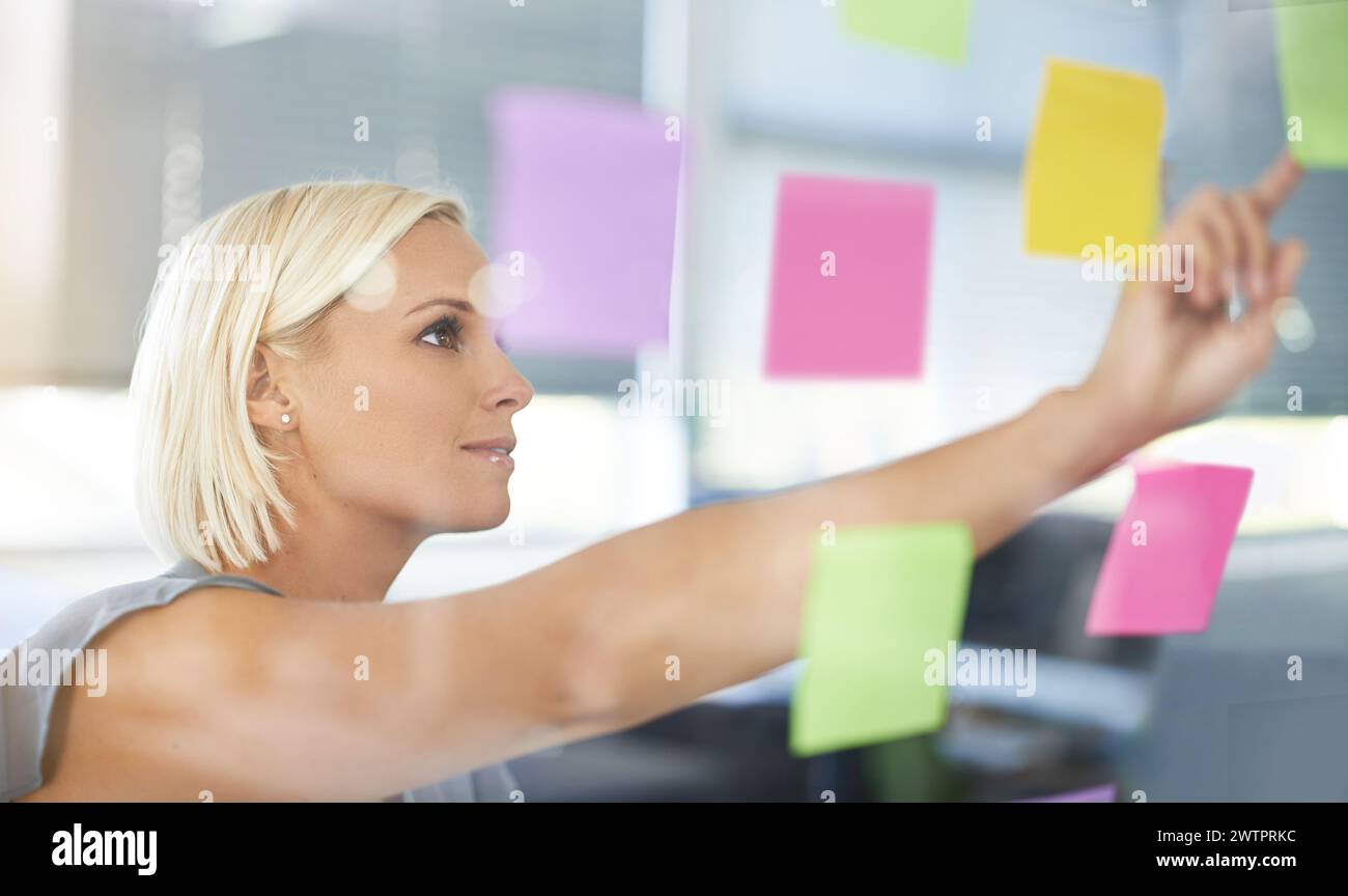Woman, glass and board with pointing, thinking and notes for planning ...