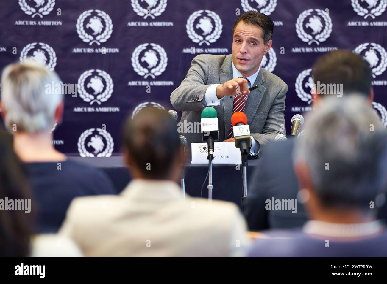 Politician man, press conference and announcement on news with ...