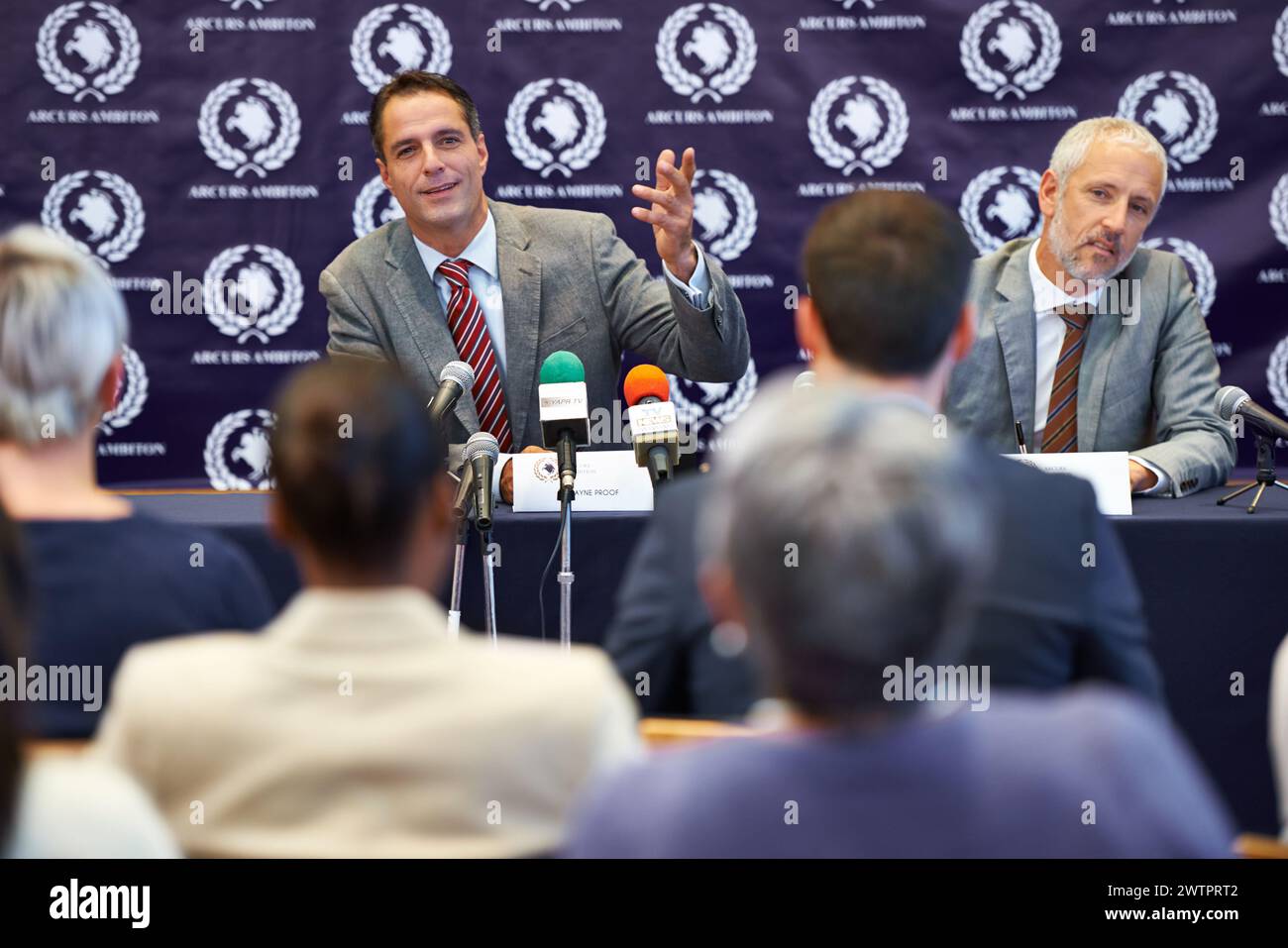 Politician men, press conference and news interview with journalist ...