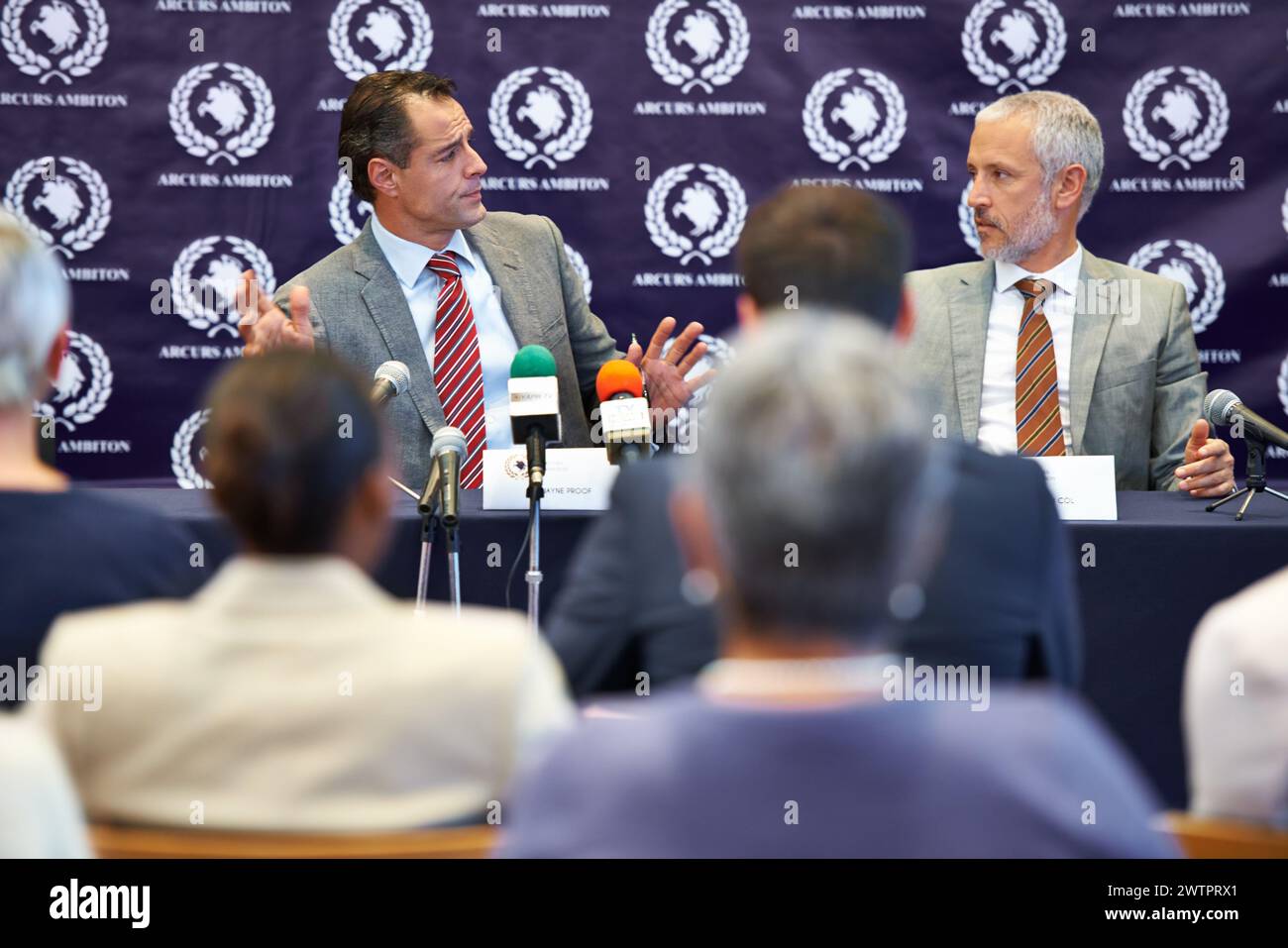 Politician men, press conference and media interview with journalist ...