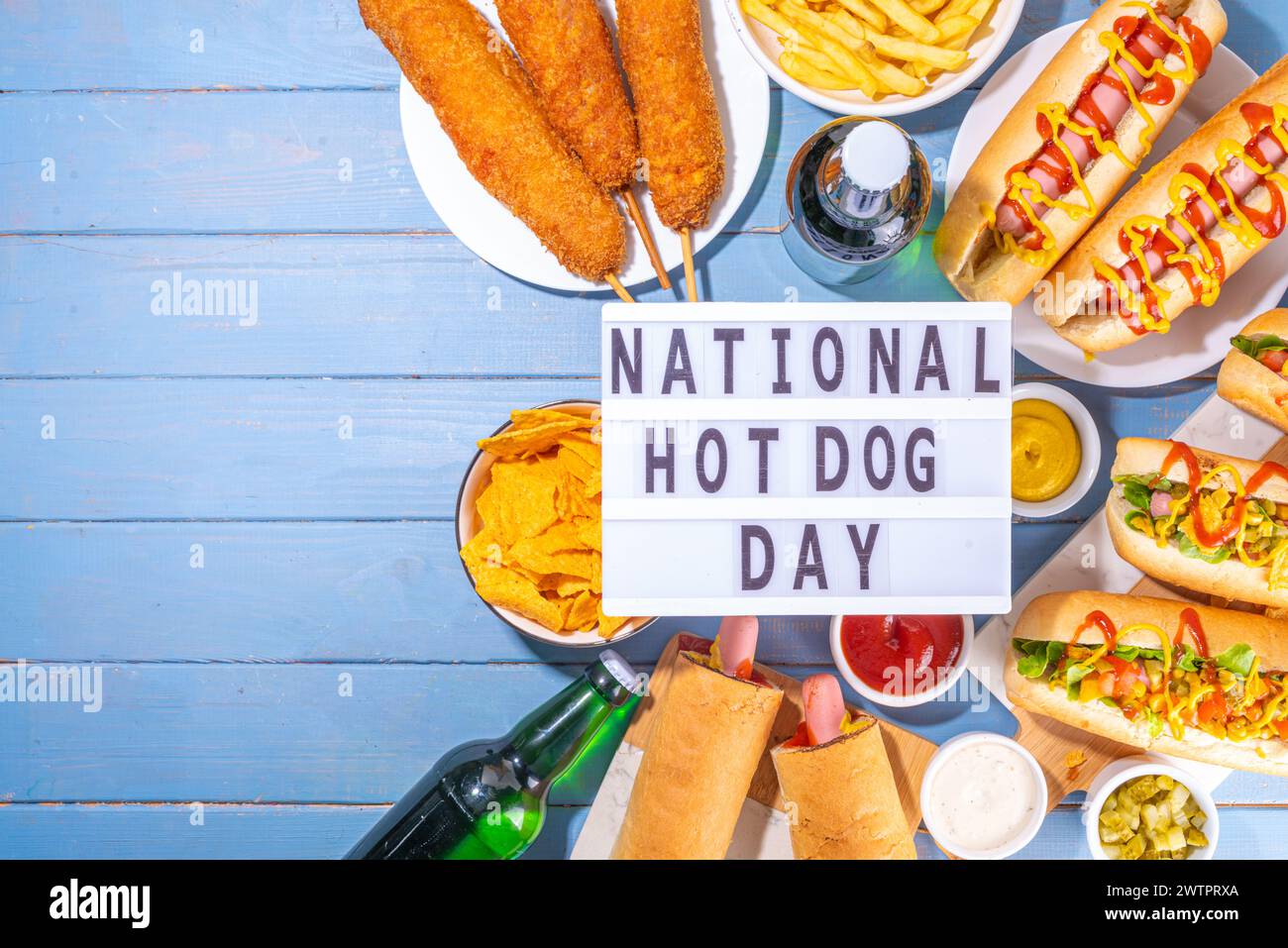 National Hot Dogs day background, hotdog summer party festival foods ...