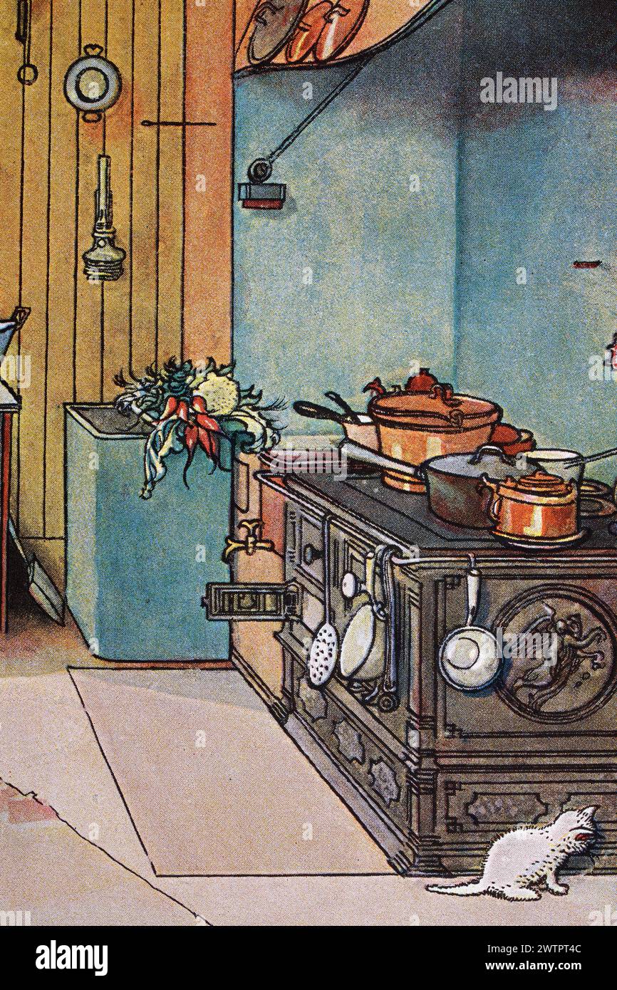 Old fashioned range cooker, kitchen, copper pans, by Carl Larsson ...