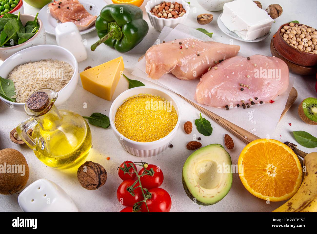 Clean Eating Diet foods background, fruits, vegetables, lean proteins ...