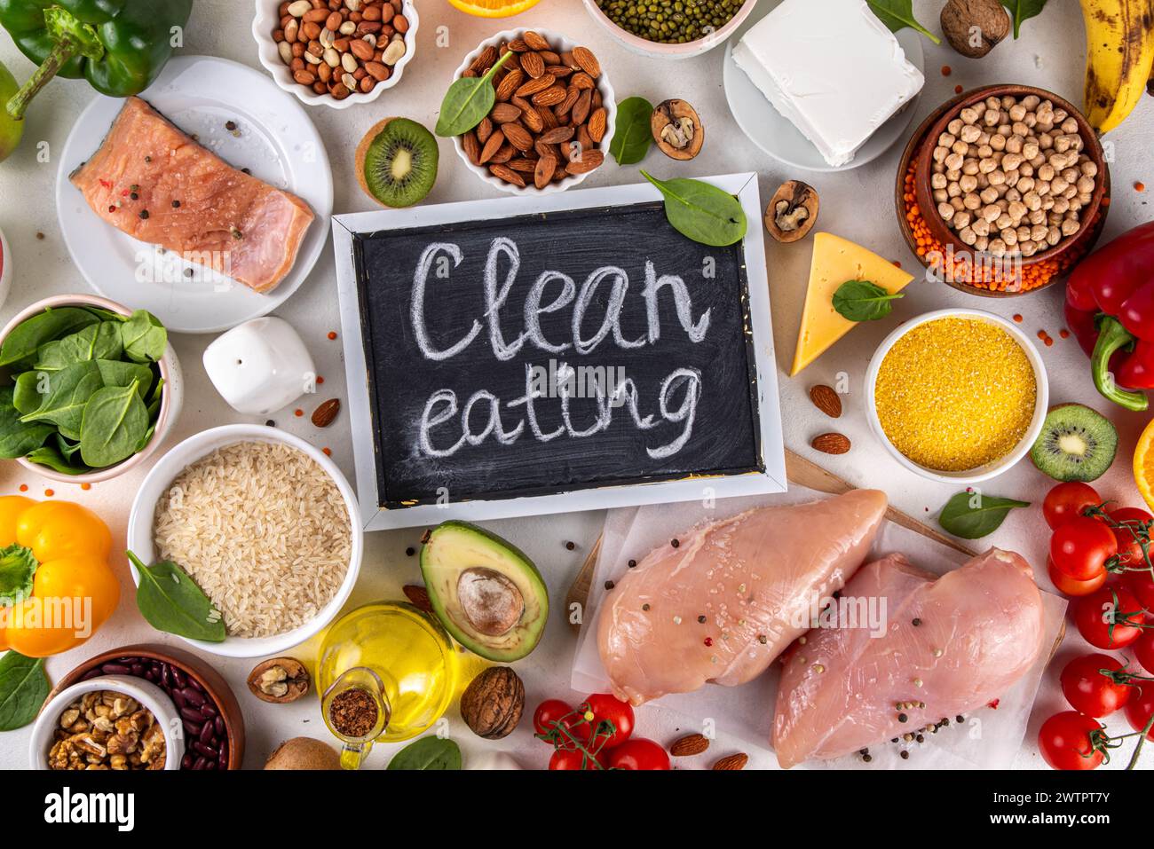 Clean Eating Diet foods background, fruits, vegetables, lean proteins ...