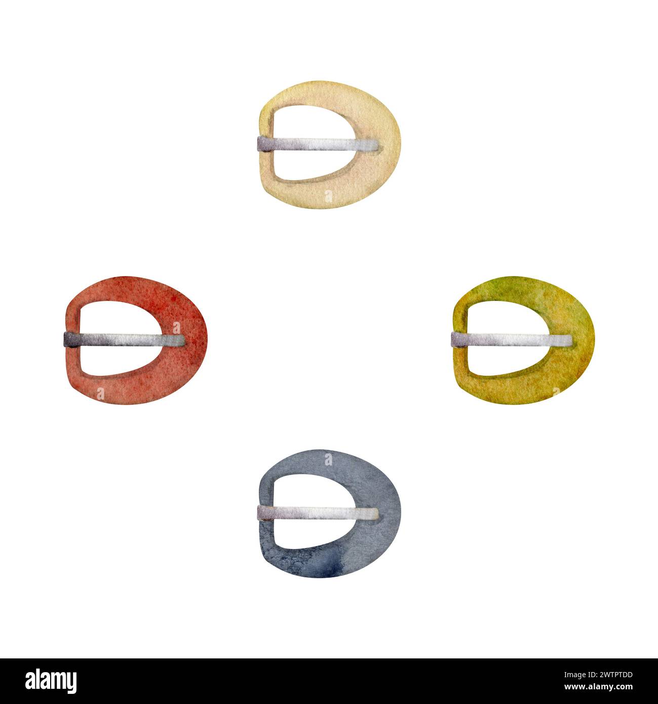 Hand drawn watercolor illustration sewing craft supplies. Clothing fasteners buckles clasps ...