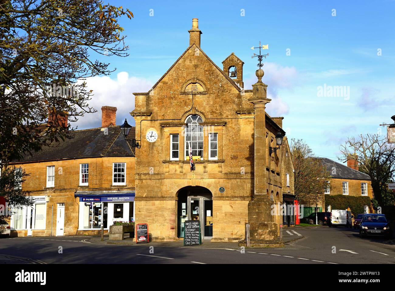 View of the Market House also known as Martock town hall and pinnacle monument along Church ...
