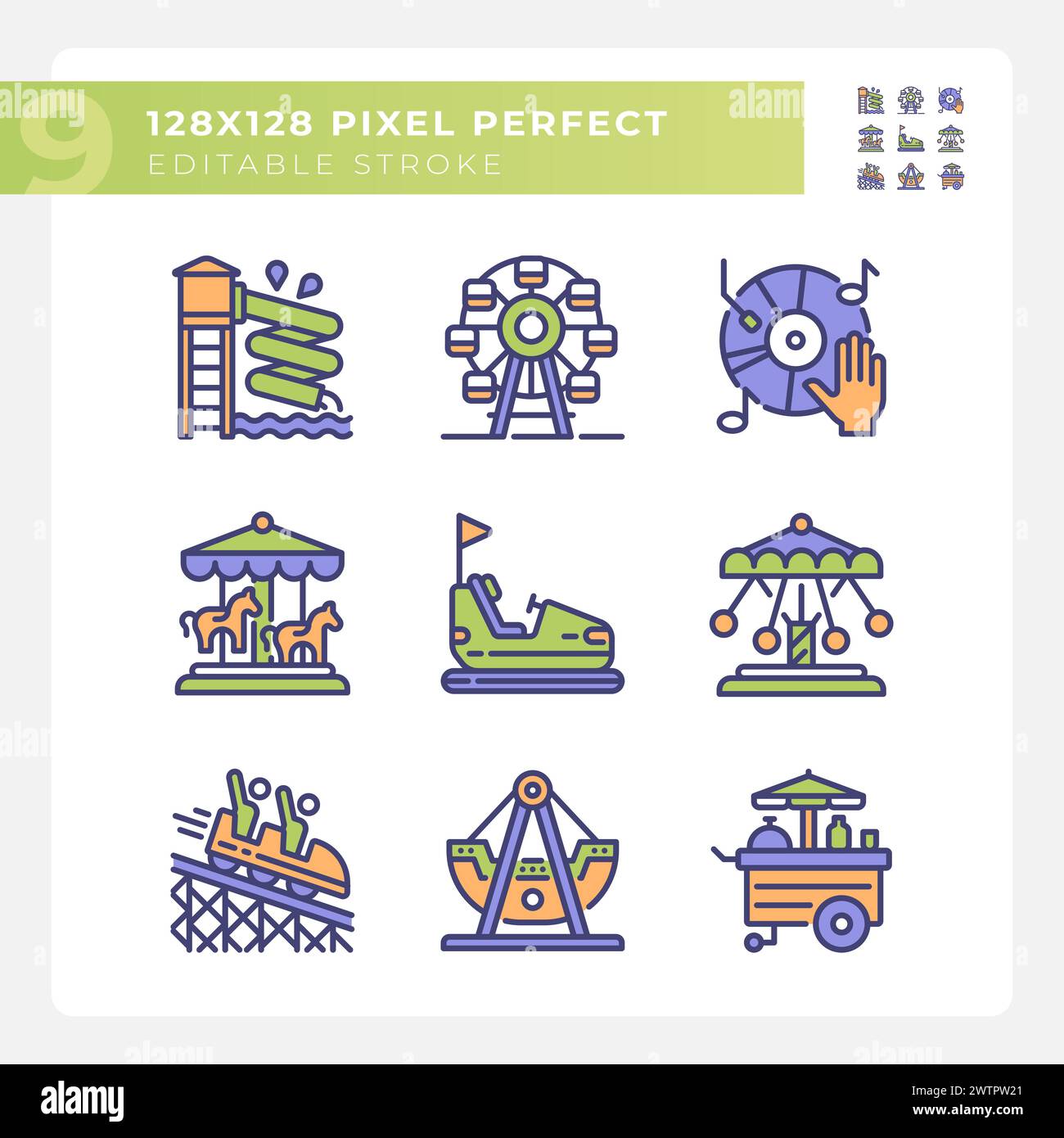 Amusement park attractions pixel perfect RGB color icons set Stock ...