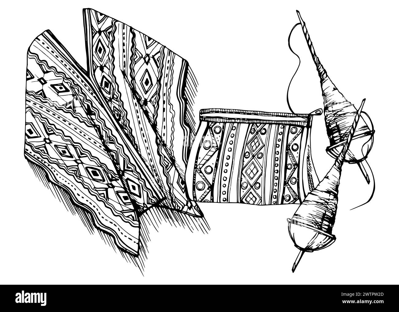 Hand drawn ink vector illustration, embroidered national indian clothes ...