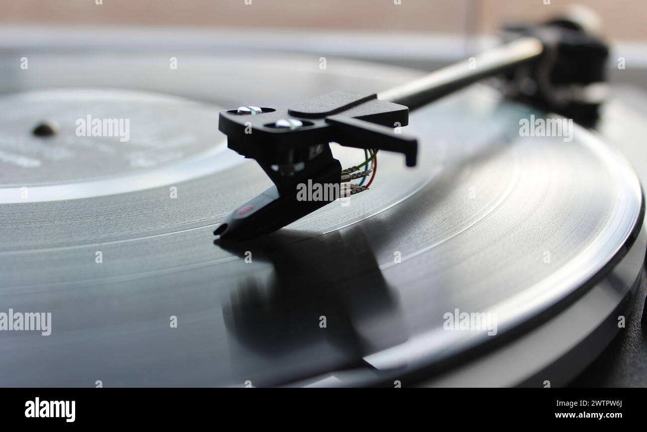 Classic Black Vinyl Record Player With Headshell On Disc Angle View ...