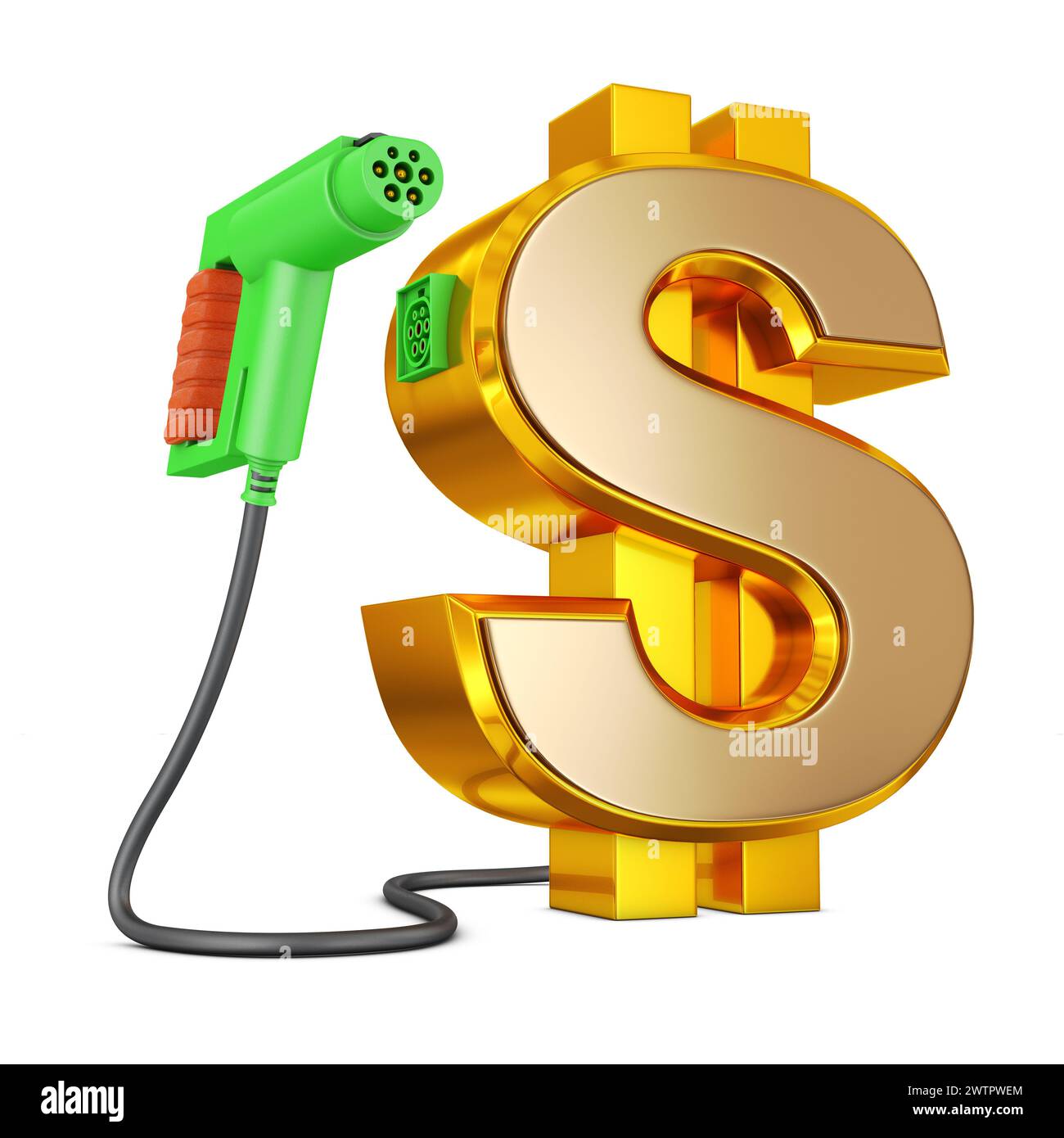 Electric car charging plug with a gold dollar on a white background. 3d ...