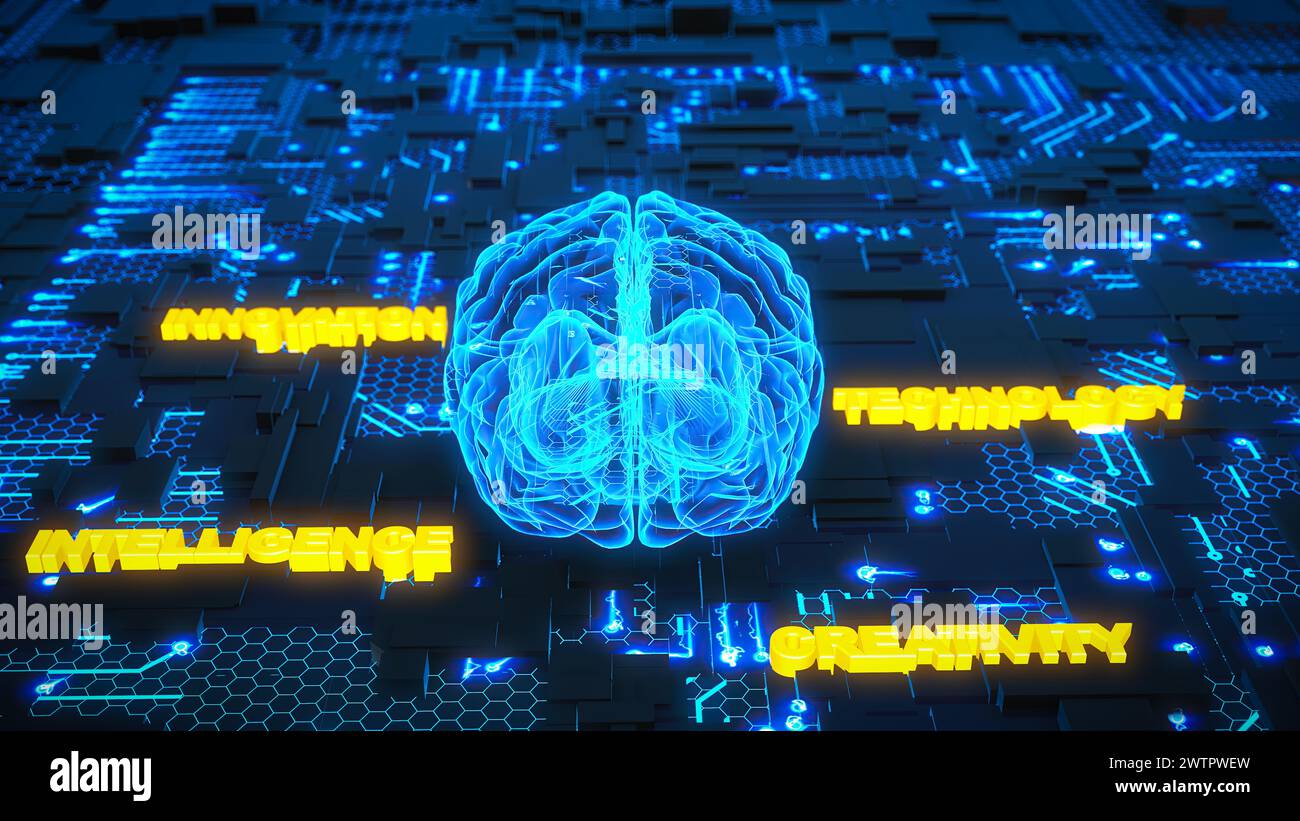 Conceptual composition of a glowing human brain on a circuit board. 3D ...