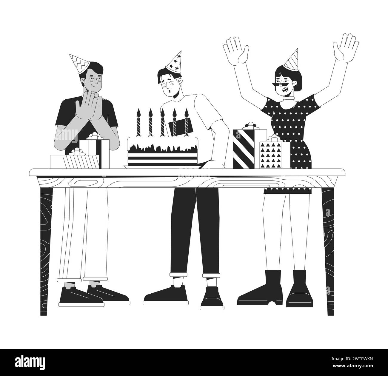 Birthday boy with friends black and white 2D line cartoon characters ...