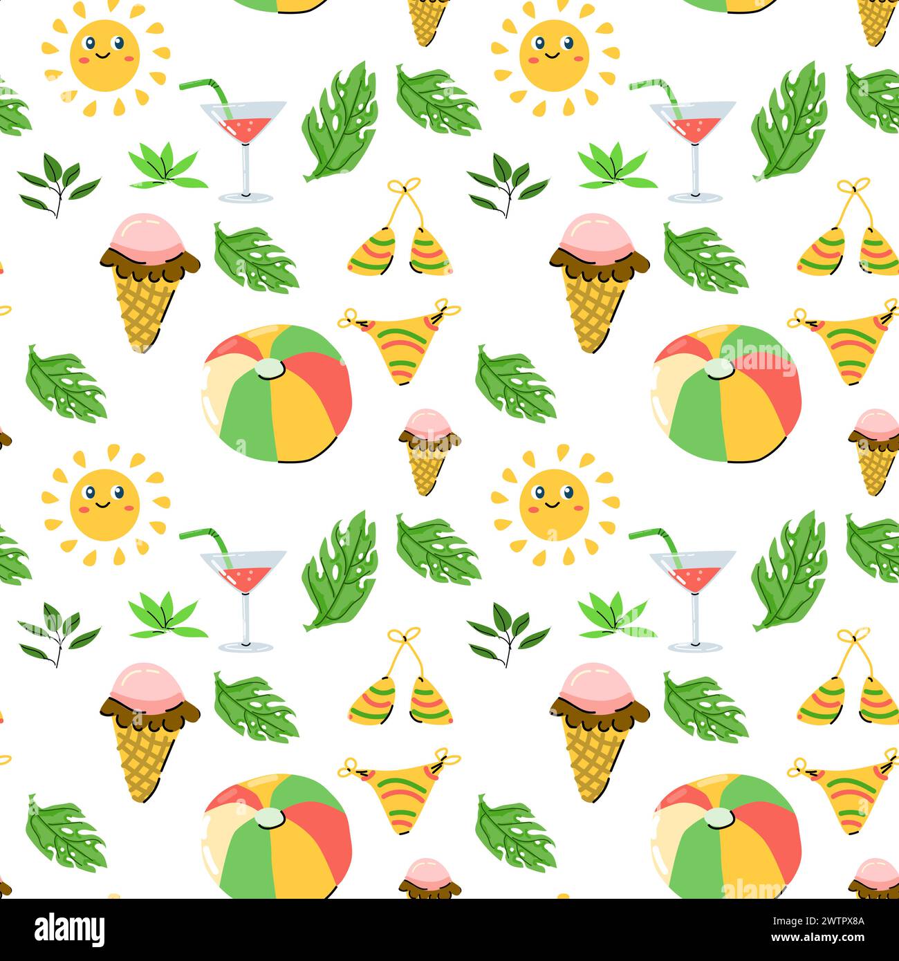 Summer hand drawn seamless background with beach elements. Vector ...