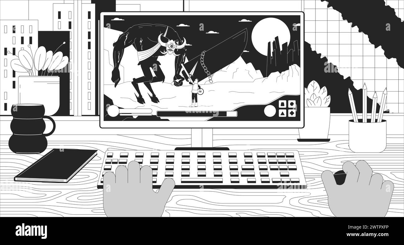 Black user playing computer game 2D linear illustration concept Stock ...