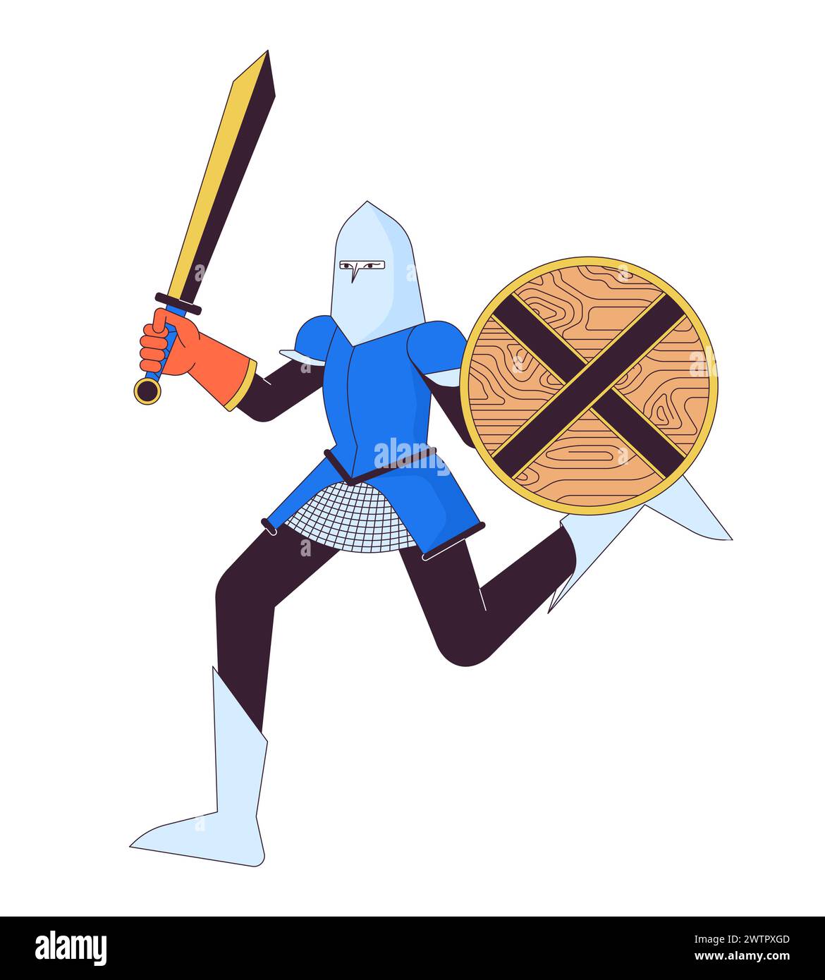 Brave knight running with armor 2D linear cartoon character Stock ...