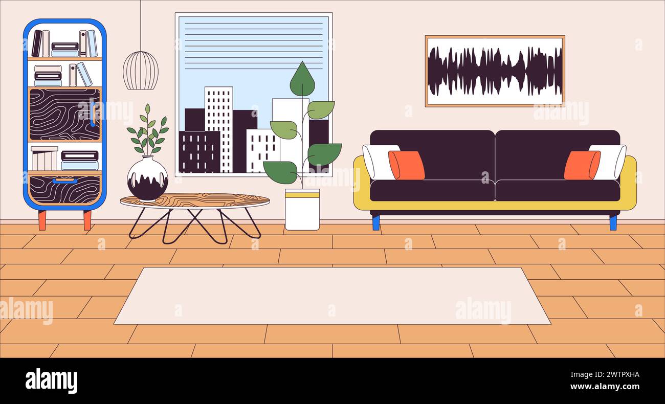 Living room interior line cartoon flat illustration Stock Vector Image ...