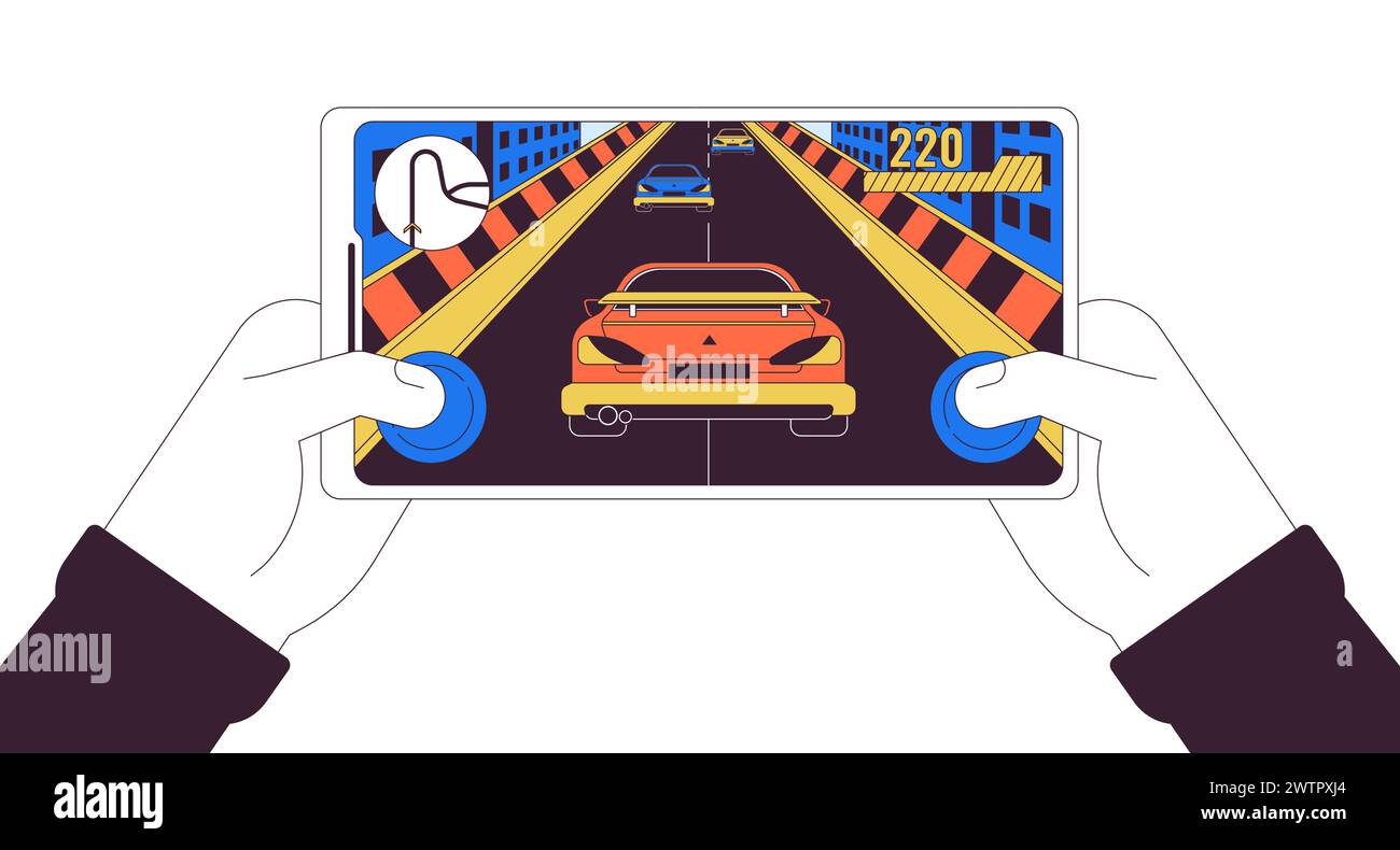 Gamer enjoying online car racing linear cartoon character hands ...