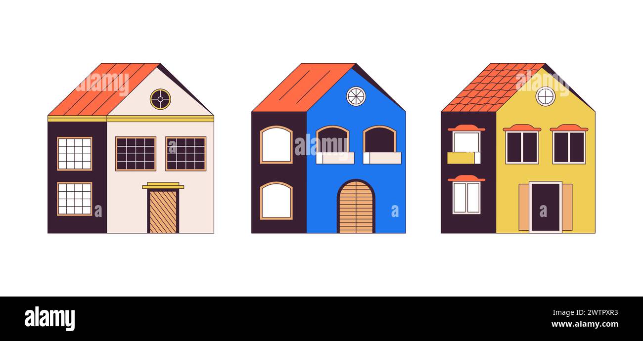 Three Houses Contemporary 2d Linear Cartoon Objects Set Stock Vector Image And Art Alamy