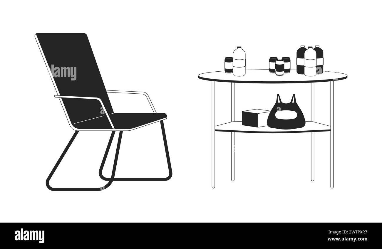 Camping outdoor equipment black and white 2D line cartoon objects set ...