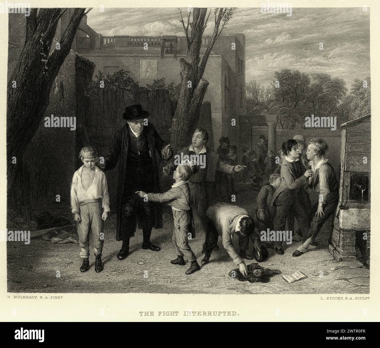 Vintage illustration Victorian Education, Teacher breaking up a fight ...