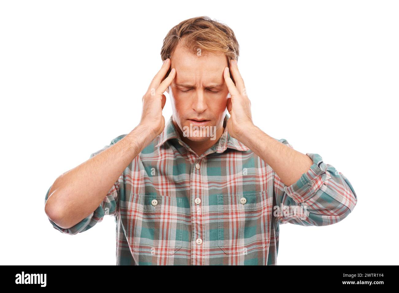 Man, headache and pain with stress or burnout in studio, health ...